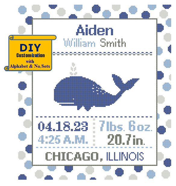 Big Whale Birth Announcement Whale Birth Record Boy Birth Sampler ...